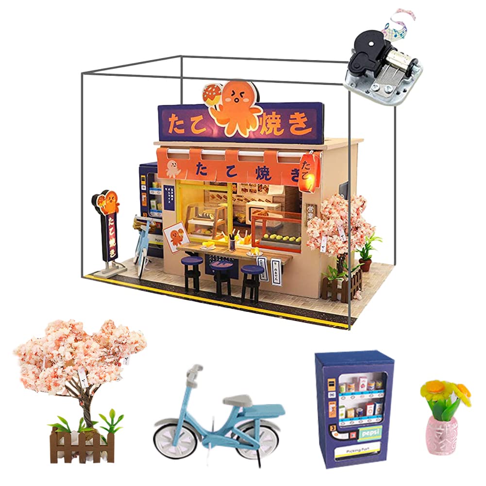 WYD Star Octopus Burning Japanese Style Takoyaki Shop Mini Doll House Kit Assembled LED Light Model Wind and Gift with Dust Cover and Music