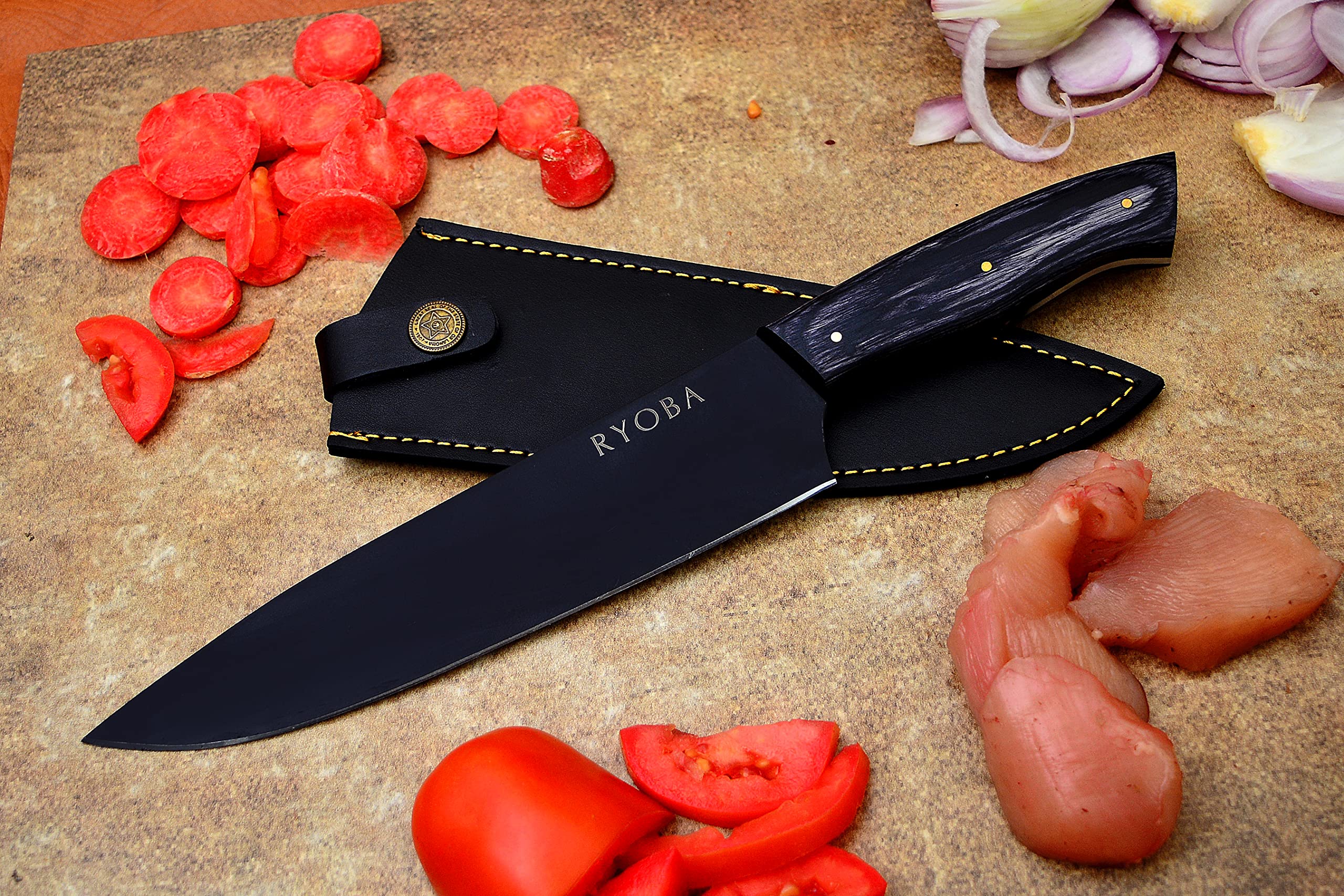 RYOBA Chef Knife 8 inch Kitchen Knife Ultra Sharp High Carbon Stainless steel Japanese chef knife with Finger Guard-Titanium Plated Black Chef Knife WITH Sheath and Sharpener in Gift Box