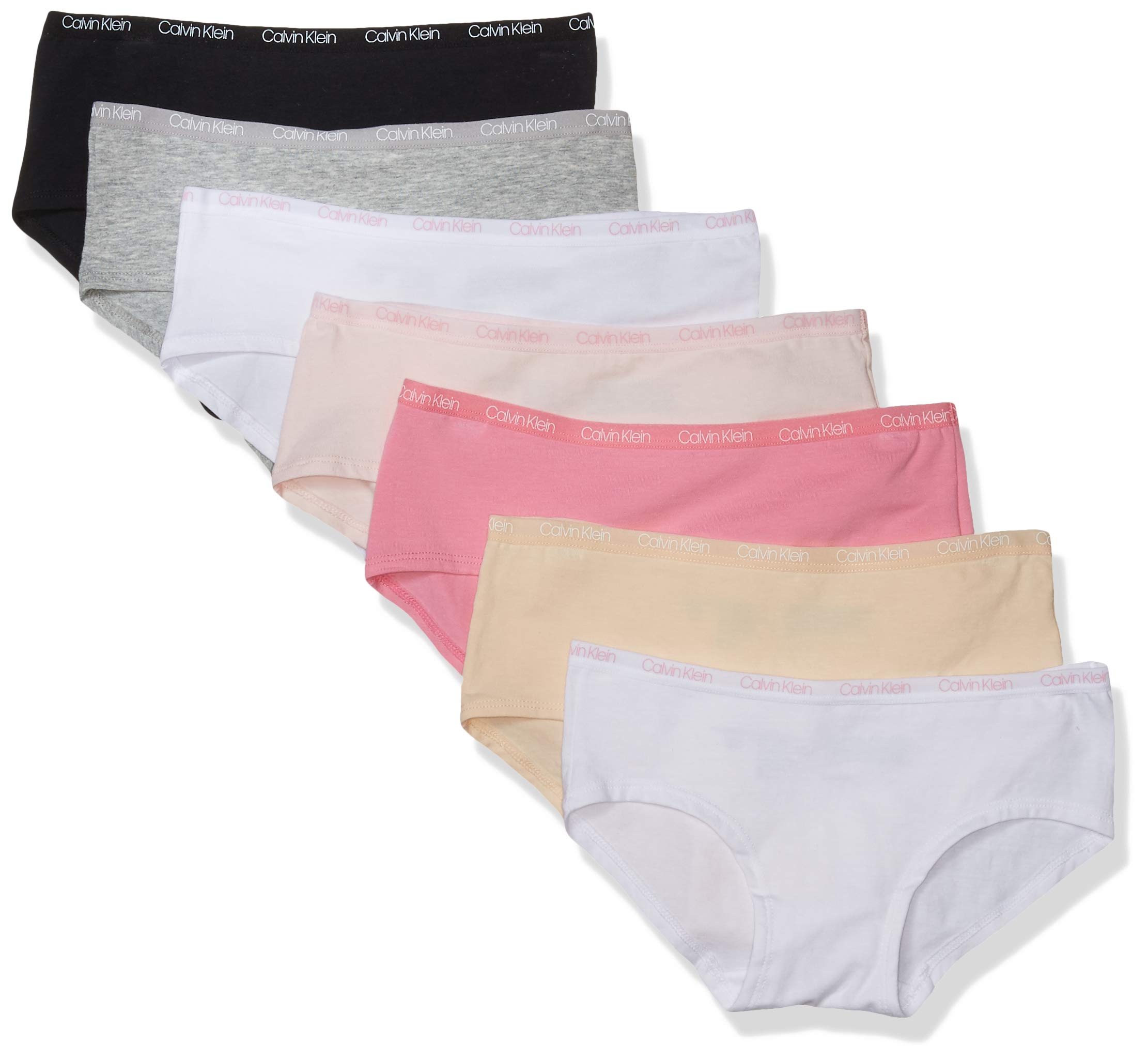 Calvin Klein Girls' Little Modern Cotton Hipster Panties, 7 Pack, Nude, Pink, Light Pink, White, Grey, Black, White, X-Large