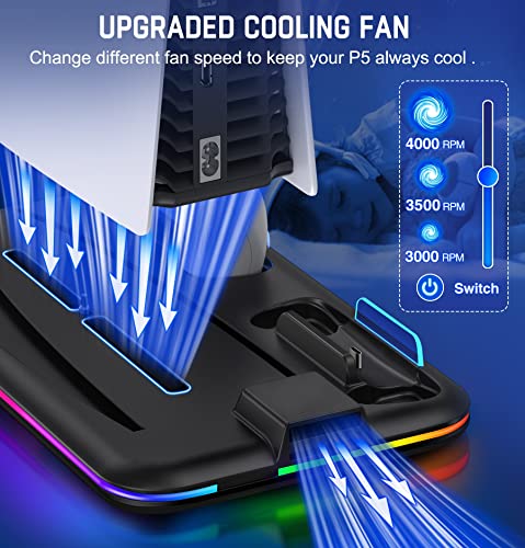 DINOSTRIKE PS5 Cooling Station with RGB Light, PS5 Stand with Cooling Fan for PS5 Disc&Digital Editions Dual Controllers Charger Station, PS5 Accessories for PS5 Console Headset Holder, 6 Game Slots