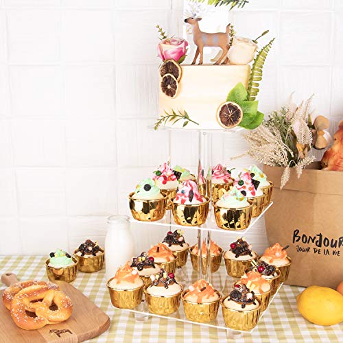 YestBuy 3 Tier Cupcake Stand with Base, Cake Stand, Acrylic Cupcake Tower Stand, Premium Cupcake Holder for 28 Cupcakes, Display for Pastry Wedding Birthday Party (4" Between 2 Layers)