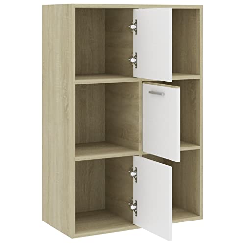 GOLINPEILO Bookcase Storage Organizer Cabinet with 3 Open Cubes and 3 Cubes with Doors, Open Sideboard Bookshelf, Modern Storage Display Cabinet, 23.6"x11.6"x35.4", White and Sonoma Oak