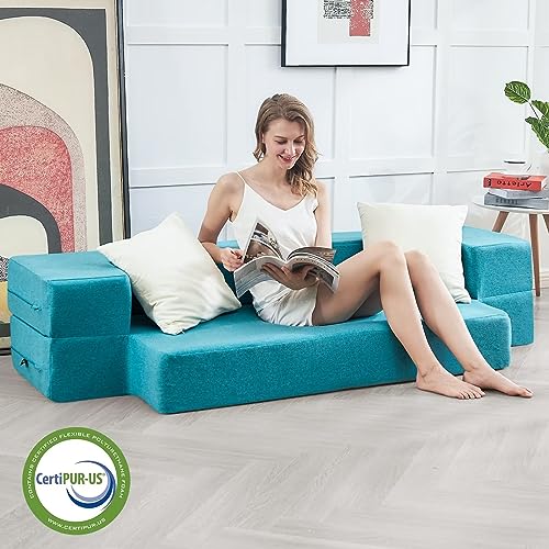 ILPEOD Floor Sofa Bed Futon Couch, Fold Out Couch Bed, Full Size 8 Inch Memory Foam Folding Sofa Bed Couch, Sleeper Convertible Mattress and Frame for Bedrooms Living Room Gaming Bed, Blue