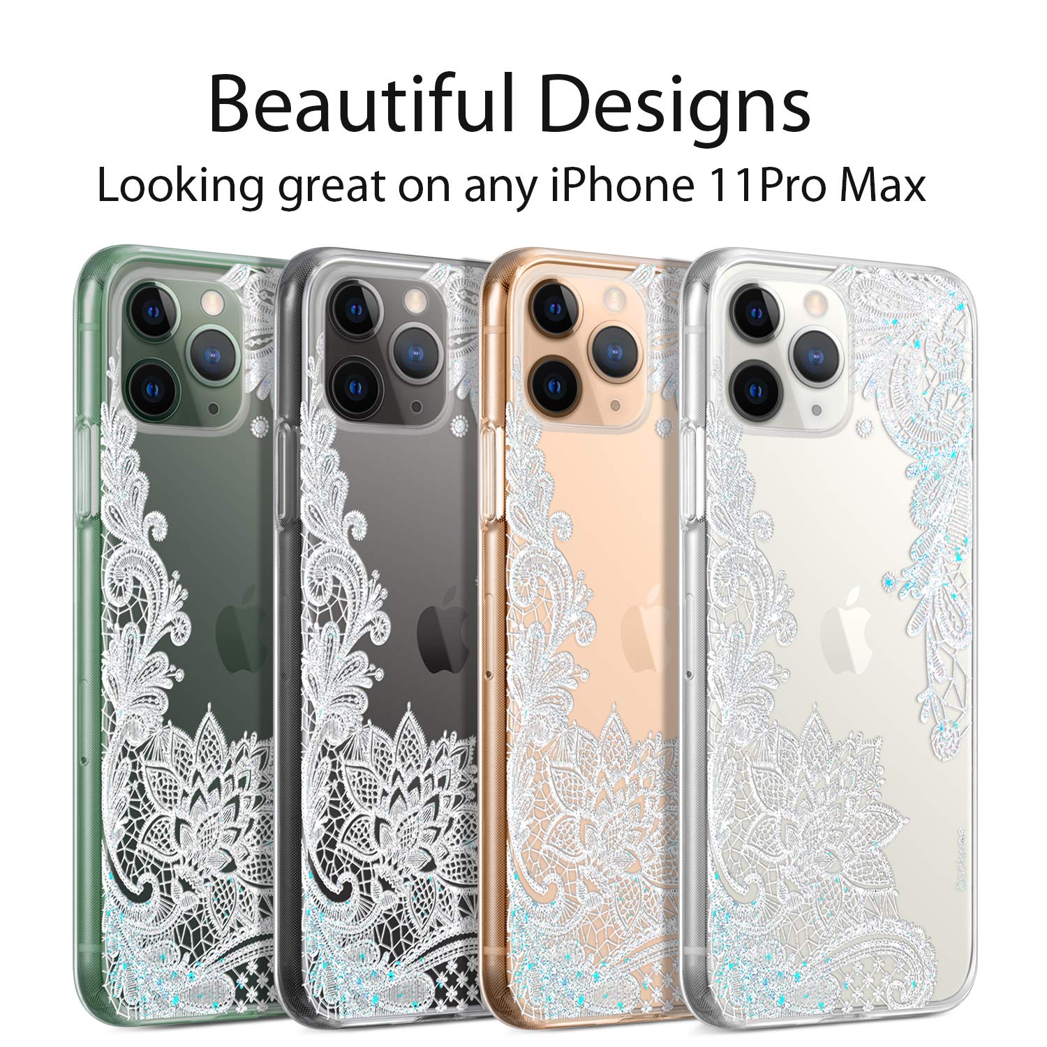 Coolwee Clear Glitter for iPhone 11 Pro Max Case Thin Flower Slim Cute Crystal Lace Bling Women Girl Floral Plastic Hard Back Soft TPU Bumper Protective Cover for iPhone 11 Pro Max Mandala Henna