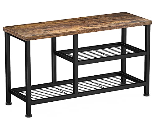 Karcog Shoe Rack Bench for Entryway with Boot Organizer, Industrial Bench with Shoe Storage Shelf, 3-Tier Small Rustic Shoe Rack for Small Spaces, Metal Shoe Rack with Wood Bench