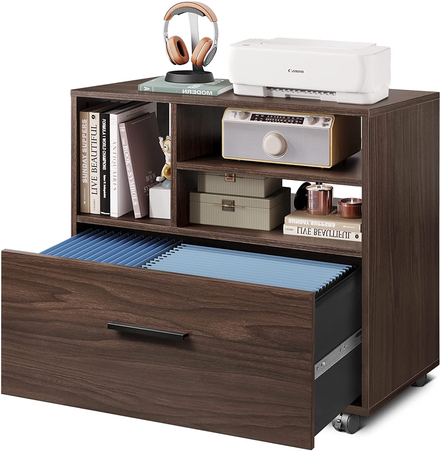 DEVAISE Wood Lateral File Cabinet with 1 Drawer, Printer Stand with Storage Shelves, Large Mobile Filing Cabinet for Home Office, Walnut