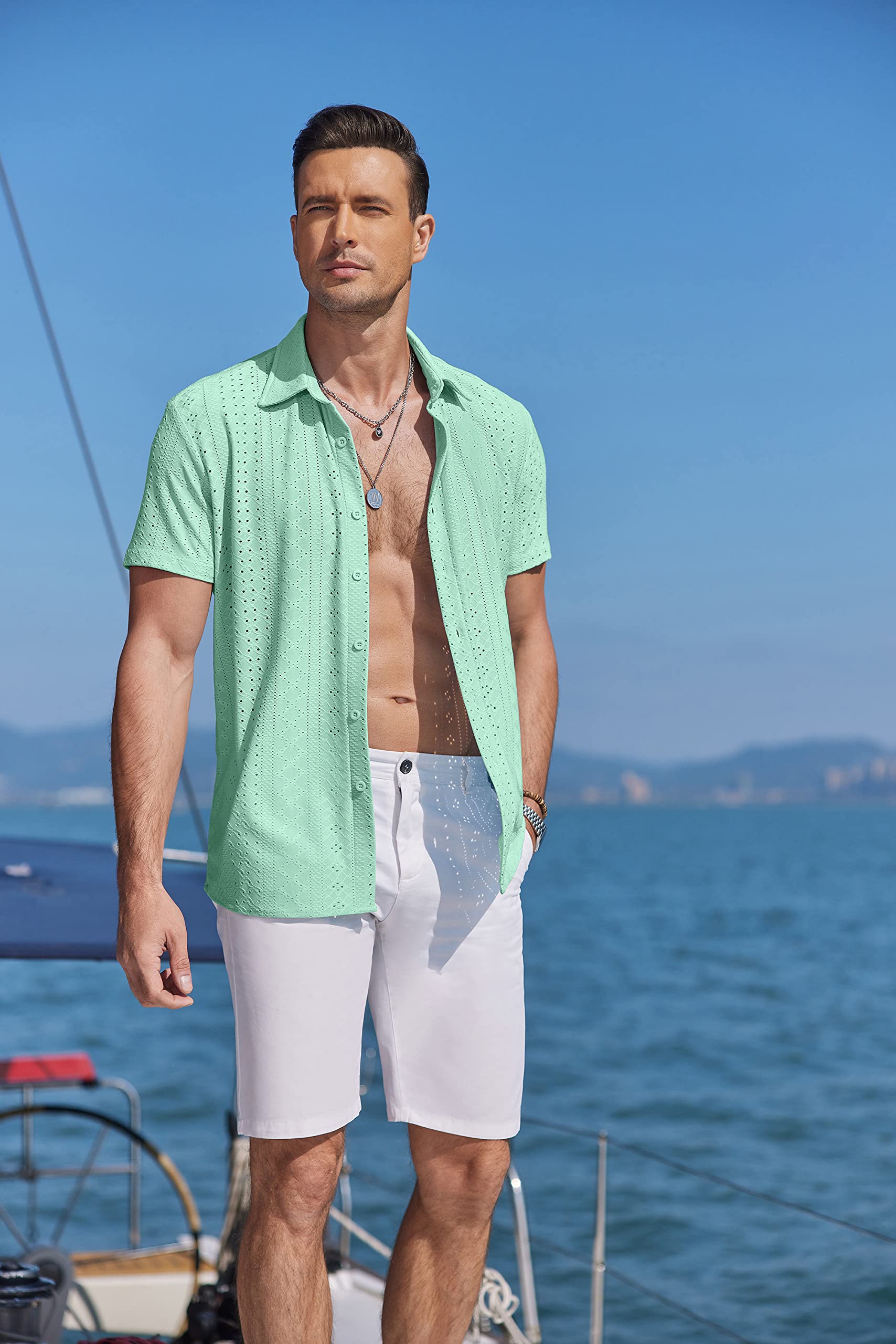 COOFANDY Mens Button Down Beach Shirt Short Sleeve Casual Vacation Shirts Summer Tropical Shirts Tops Mint Green