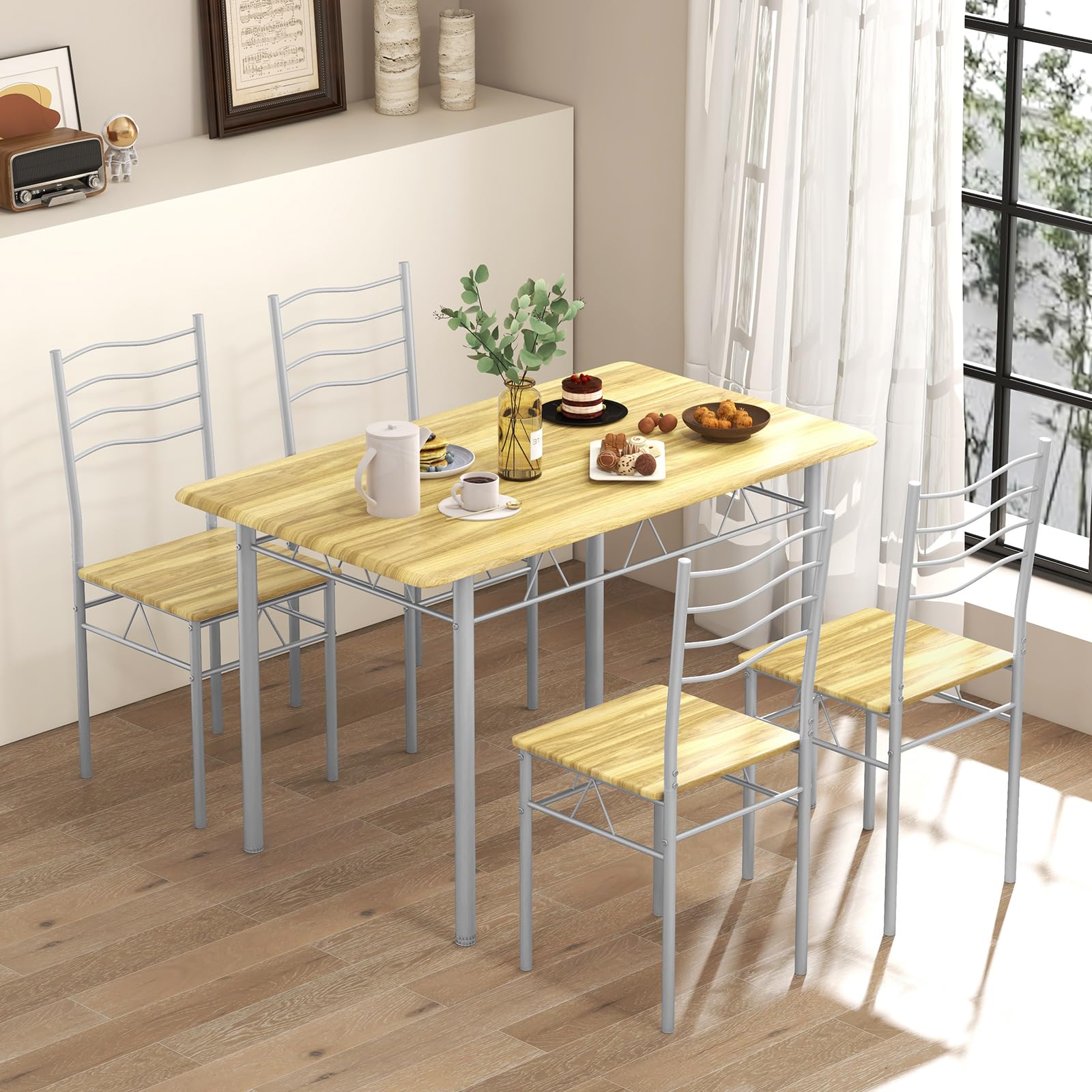 COSTWAY Kitchen Table Chairs Set of 4, 5 Piece Metal Rectangular Dinette Set w/Non-Slip Pad, Space-Saving Design, Modern Dining Room Table Set for Small Place Breakfast Nook Restaurant (Walnut)
