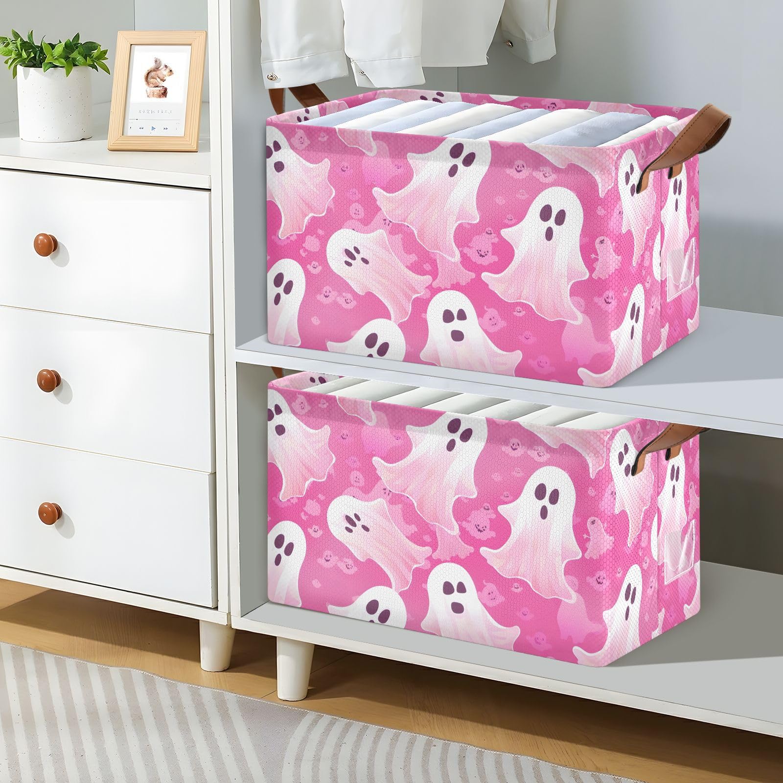 HOMONAW Rectangular Storage Bin Halloween Ghosts Boo Storage Baskets Foldable Closet Organizer with Handles for Organizing Shelf, Clothes, Toys, Home, Office, Nursery