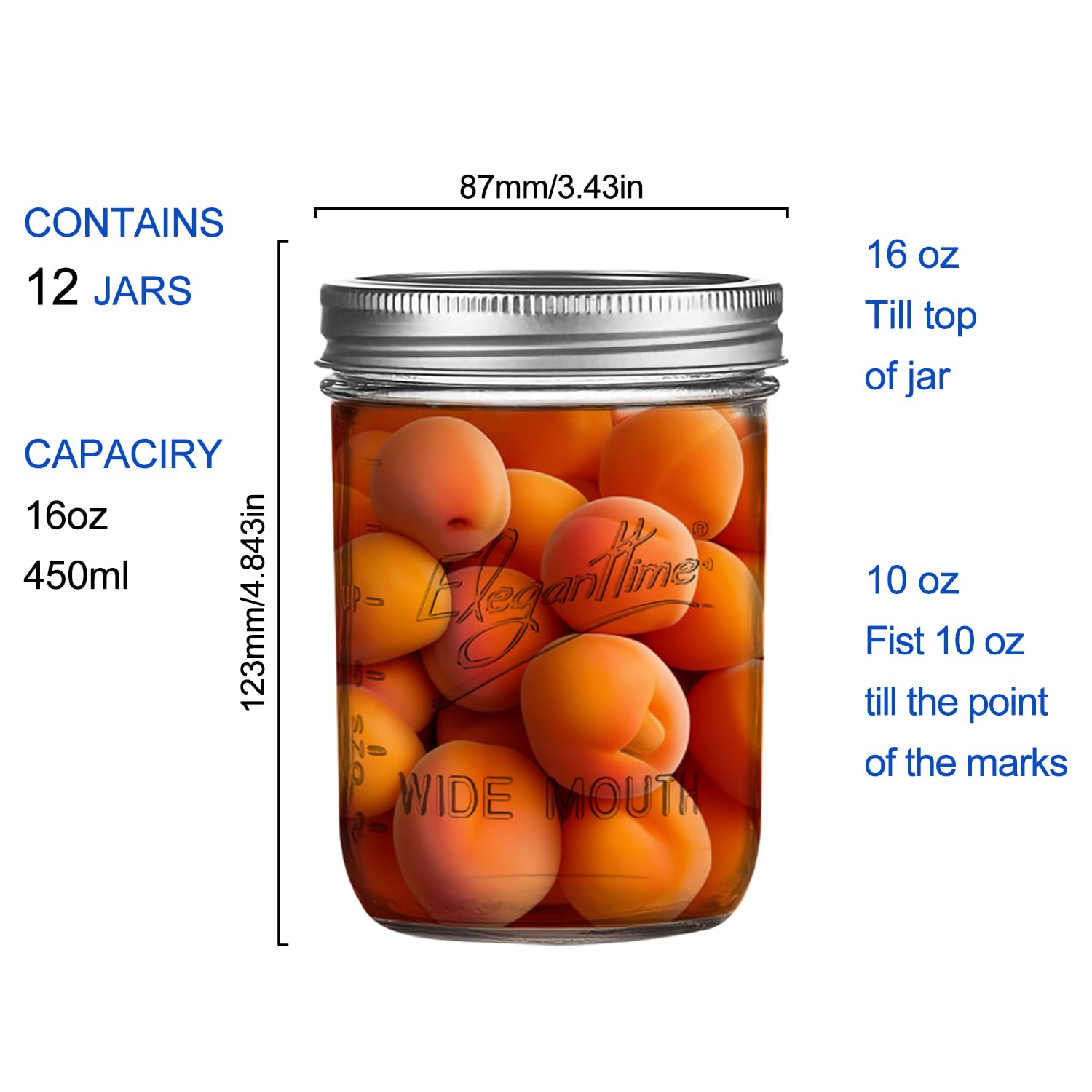 eleganttime Wide Mouth Mason Jars 16 oz,12 Pack Canning Jars with Lids,Airtight Container Glass Jars for Candles,Home Decor,Overnight Oats,Fruit Preserves,Jam or Jelly