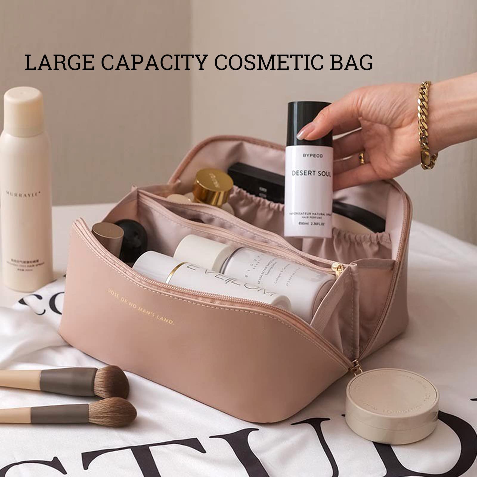 Enthu-U Large Capacity Travel Cosmetic Bag- Makeup Bag,Women Waterproof PU Leather Makeup Organizer Bag with Handle and Divider,Makeup Bag Large Opening-Pink