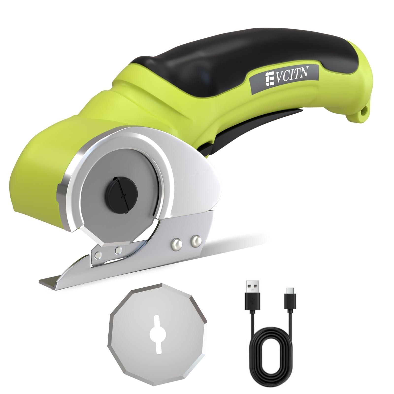 Evcitn Cordless Electric Scissors, Cardboard Cutter with Replacement Self-Sharpening Cutter Blade and Safety Lock, Rotary Cutter [Southpaws Friendly] for Fabric, Carpet, Leather or Plastic, Green