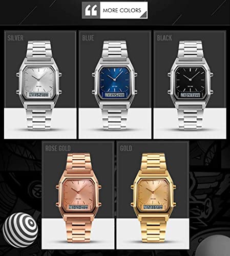 Gosasa Men's Unisex Square Multifunction Stopwatch Waterproof LED Digital Watch Electronic Analog Men's Watch Ladies Stainless Steel Watch (Silver)…