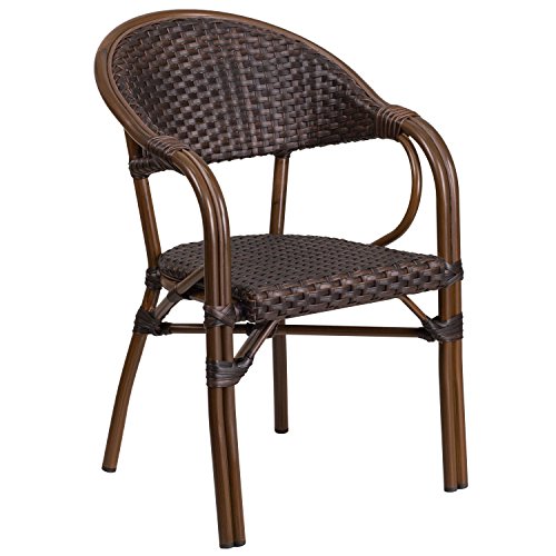 Flash Furniture Milano Series Dark Brown Rattan Restaurant Patio Chair with Red Bamboo-Aluminum Frame