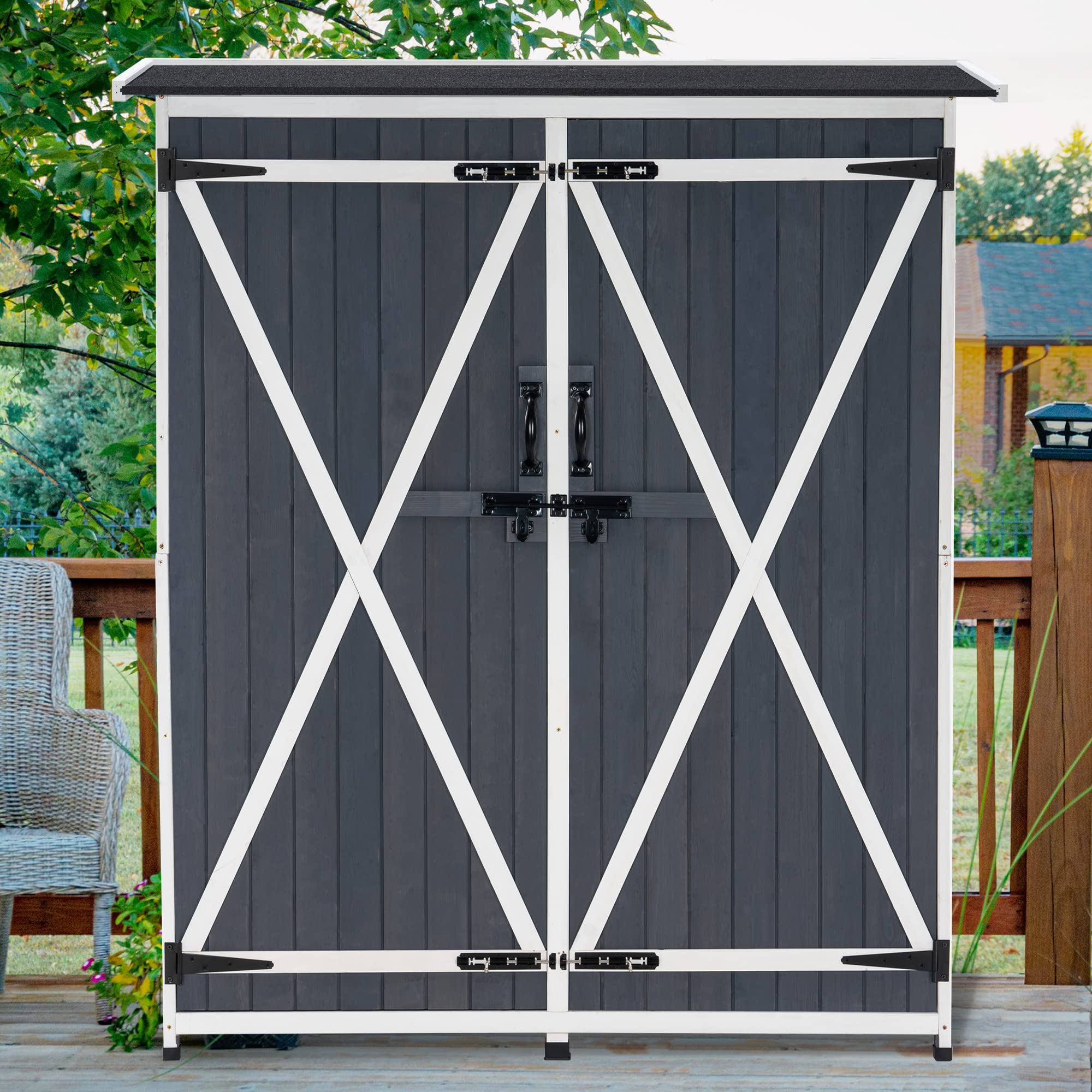 MCombo Storage Shed Backyard Utility Tools Organizer Outdoor Wooden Garden Racks Shelves with Lockers 2 Doors Home Furniture 6056-1400(Grey)