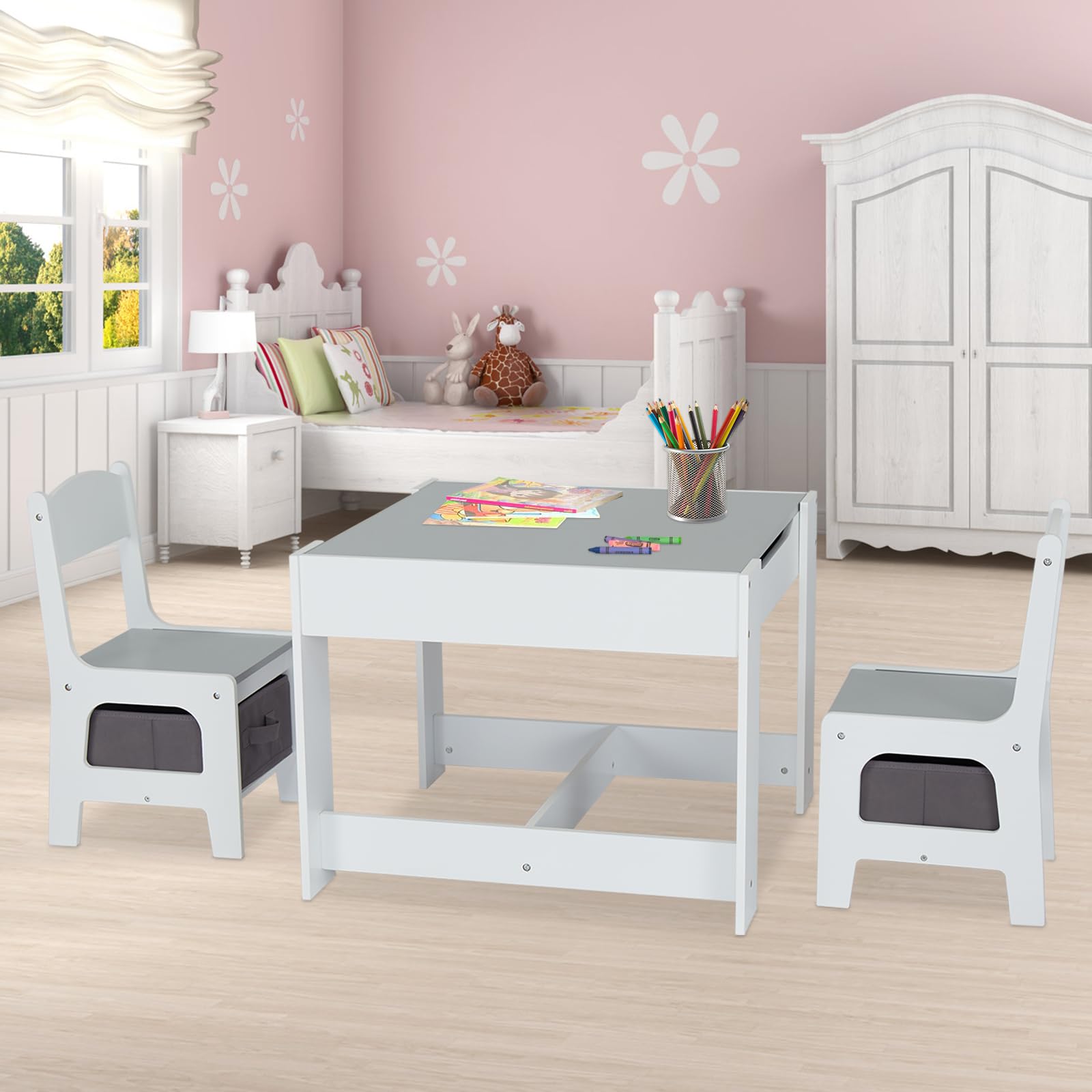 Kinfant Kids Table and Chair Set, Toddler Table and Chairs Set with Double Side Detachable Tabletop for Preschool Playroom Kindergarten (Gray)