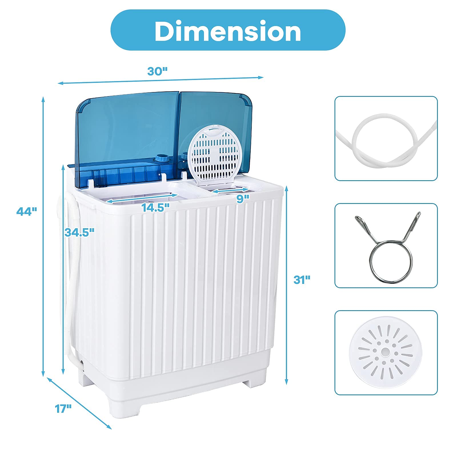 COSTWAY Portable Washing Machine, Twin Tub 28.5Lbs Capacity, Washer(20Lbs) and Spinner(8.5Lbs), Laundry Machine with Control Knobs, Timer Function, Drain Pump, Compact washer for Apartment, RV (Blue)