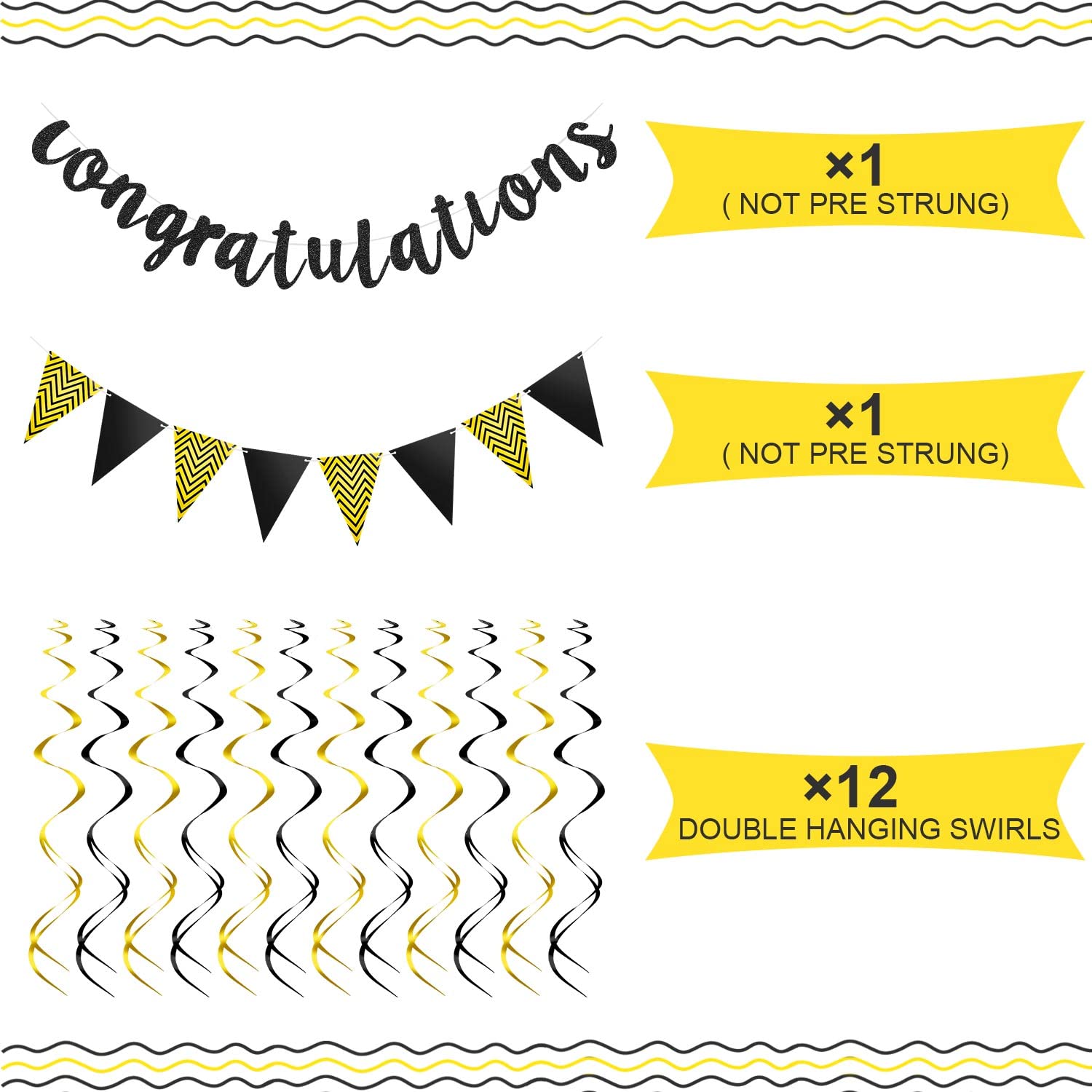 Glitter Congratulations Banner Triangle Flag Banner with 12 Pieces Hanging Swirls for Wedding Retirement Graduation Anniversary Party Decorations (Black, Gold)