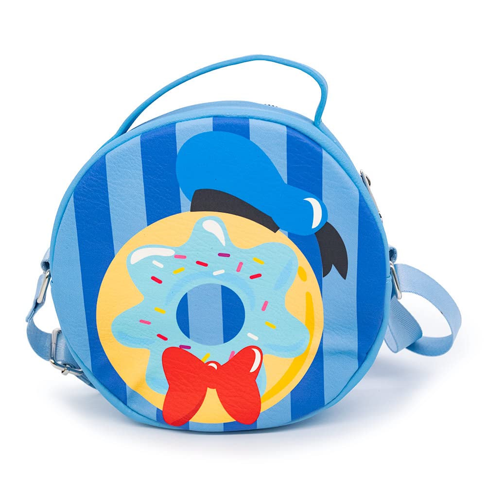 Disney Bag, Cross Body, Round, Donald Duck Donut Dessert with Stripes, Blues, Vegan Leather
