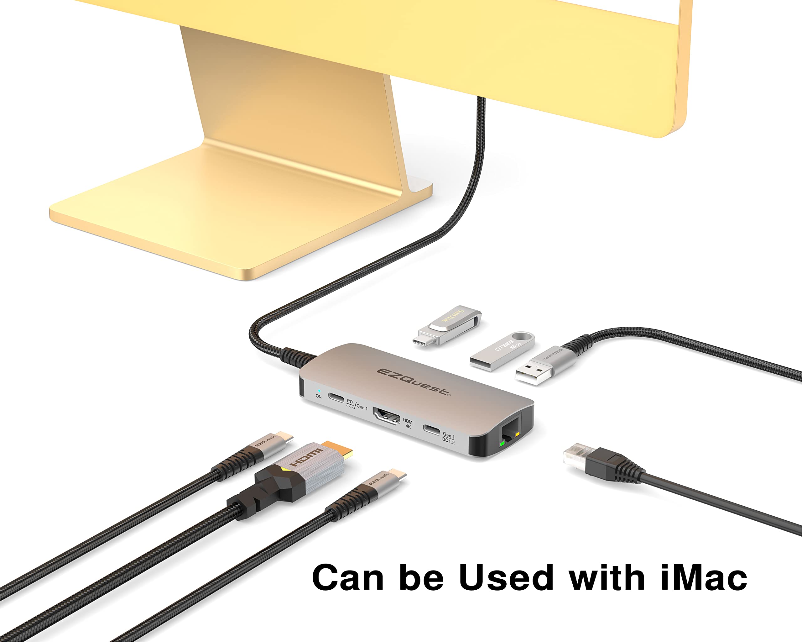 EZQuest USB C Multimedia Hub 7 in 1 with HDMI 4K, 1Gbs Ethernet, 100 Watts USB C Power Delivery/5Gbs Data, 2 USB C Ports, 2 USB A 3.0 Ports, Compatible with USB C Computers