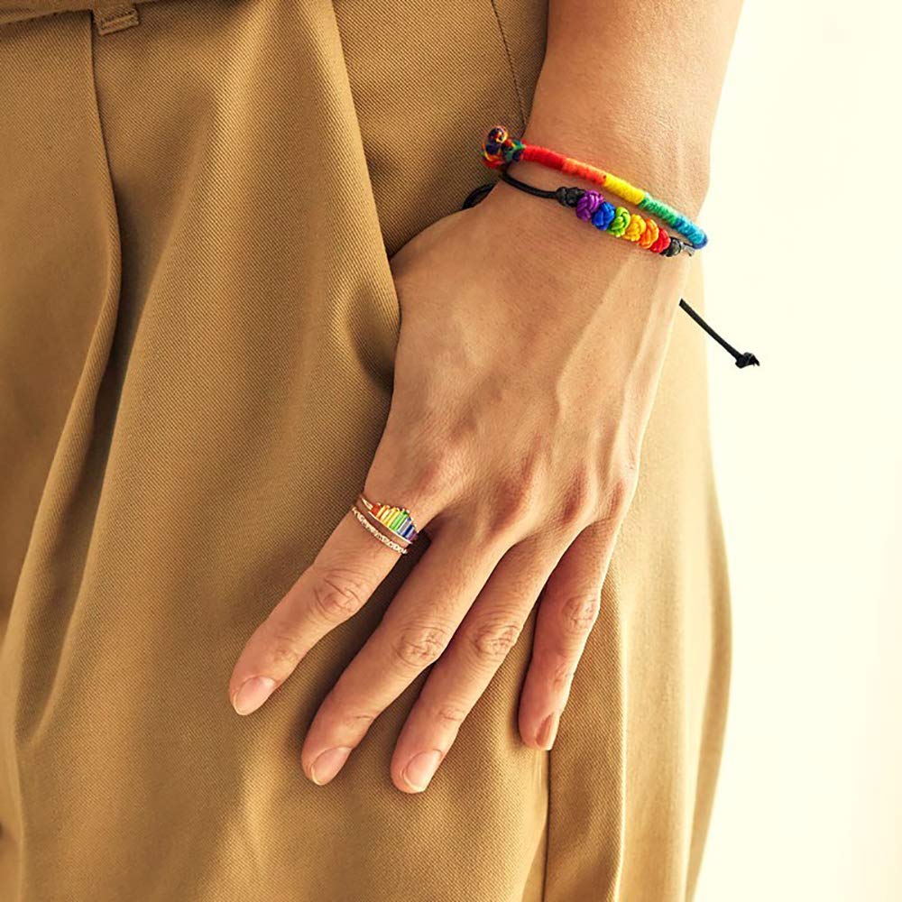 COSTWAY Rainbow Ring Double Band, Adjustable Wide Band Stacking Rainbow Rings for Women, Adjustable Opening Valentines Day jewelry