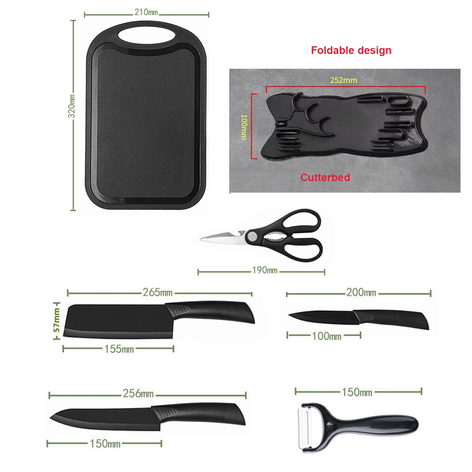 Generic Knife Sets, Black Kitchen Knife Set with Stainless Steel Kitchen Knife, Melon Planer, Holder, Suitable for kitchens, hotels, and restaurants