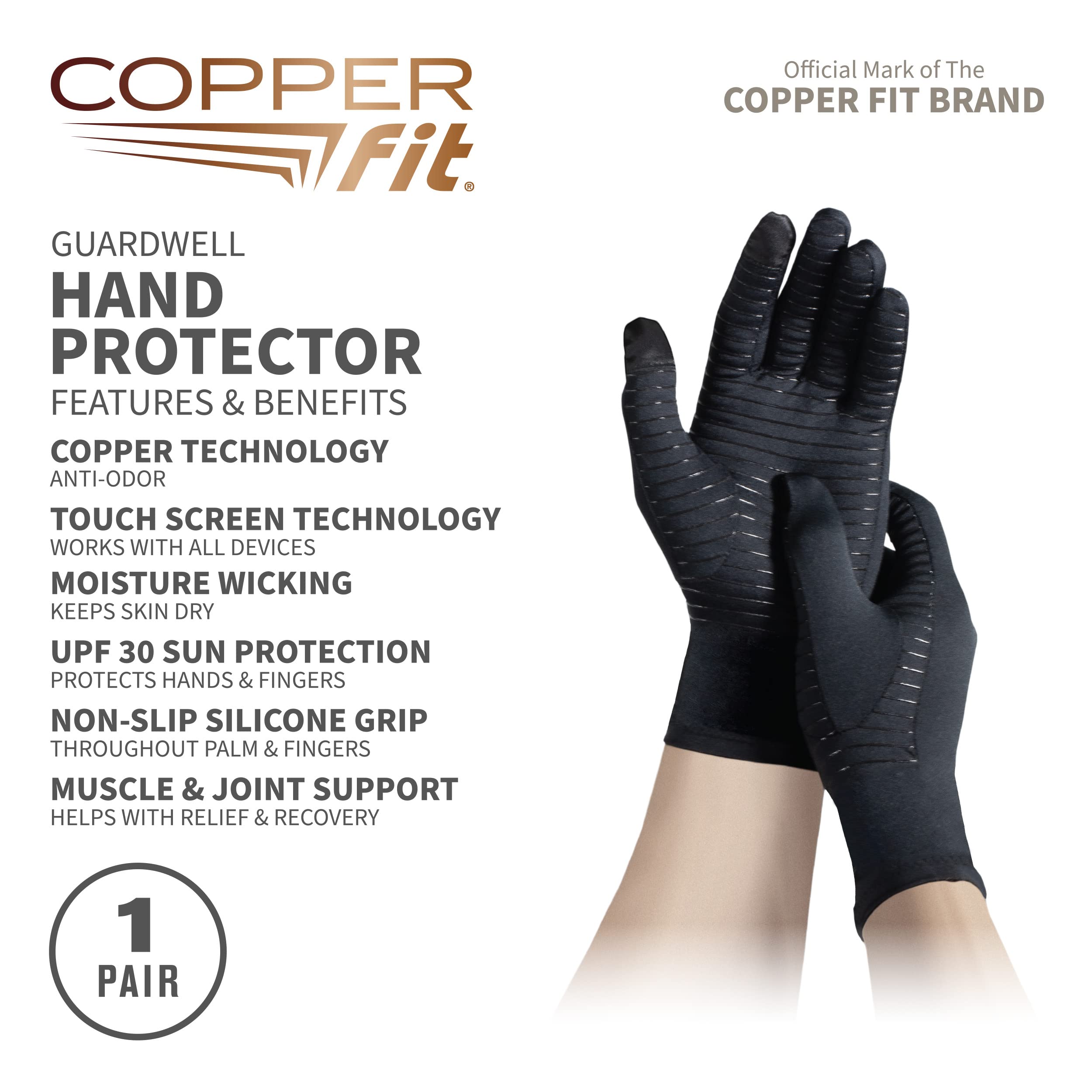 Copper Fit Guardwell Gloves Full Finger Hand Protection, X-Large, Black