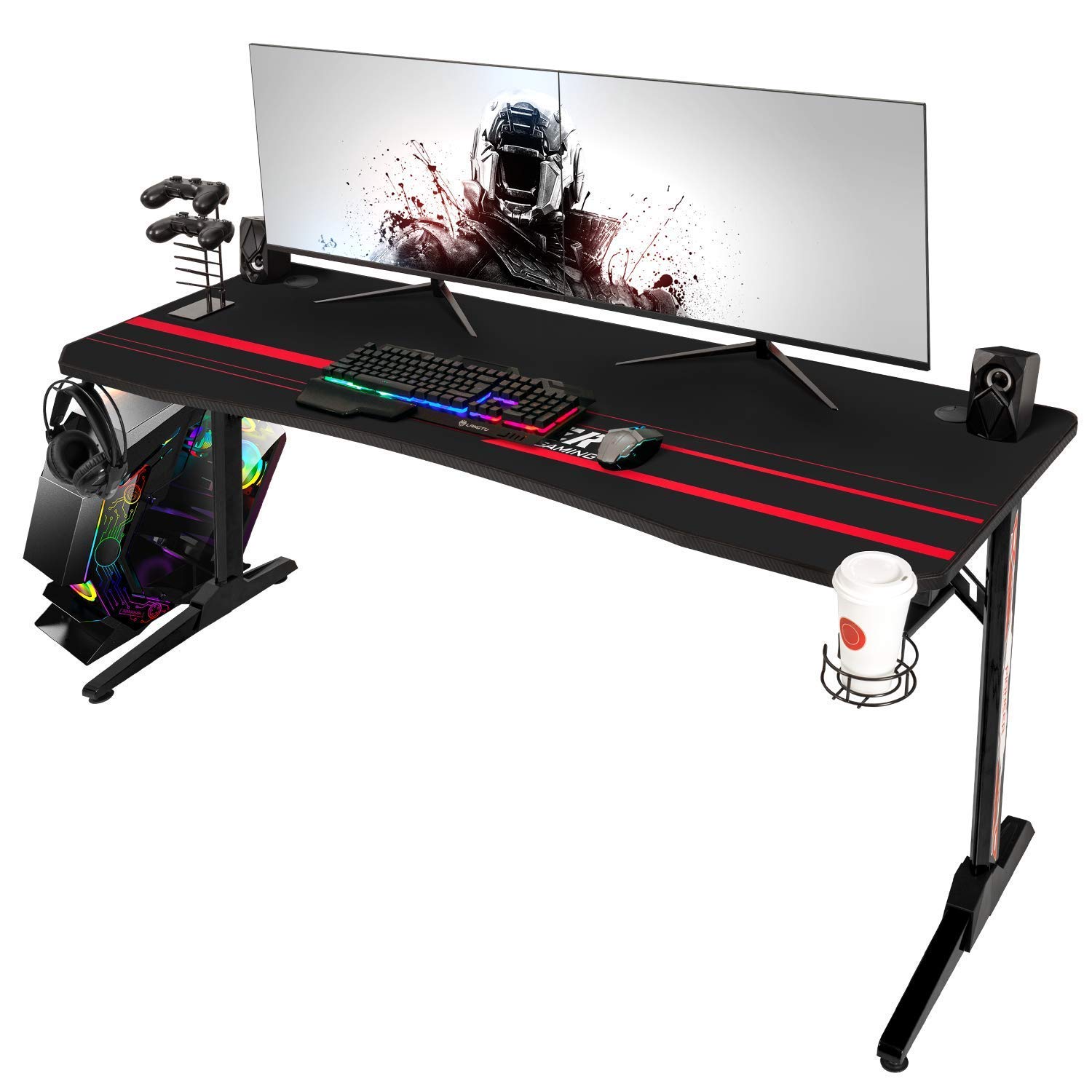 Devoko 55 Inch Gaming Desk T-Shaped PC Computer Table with Free Mouse Pad Carbon Fibre Surface Home Office Desk Gamer Table with Game Handle Rack Headphone Hook and Cup Holder (Black)