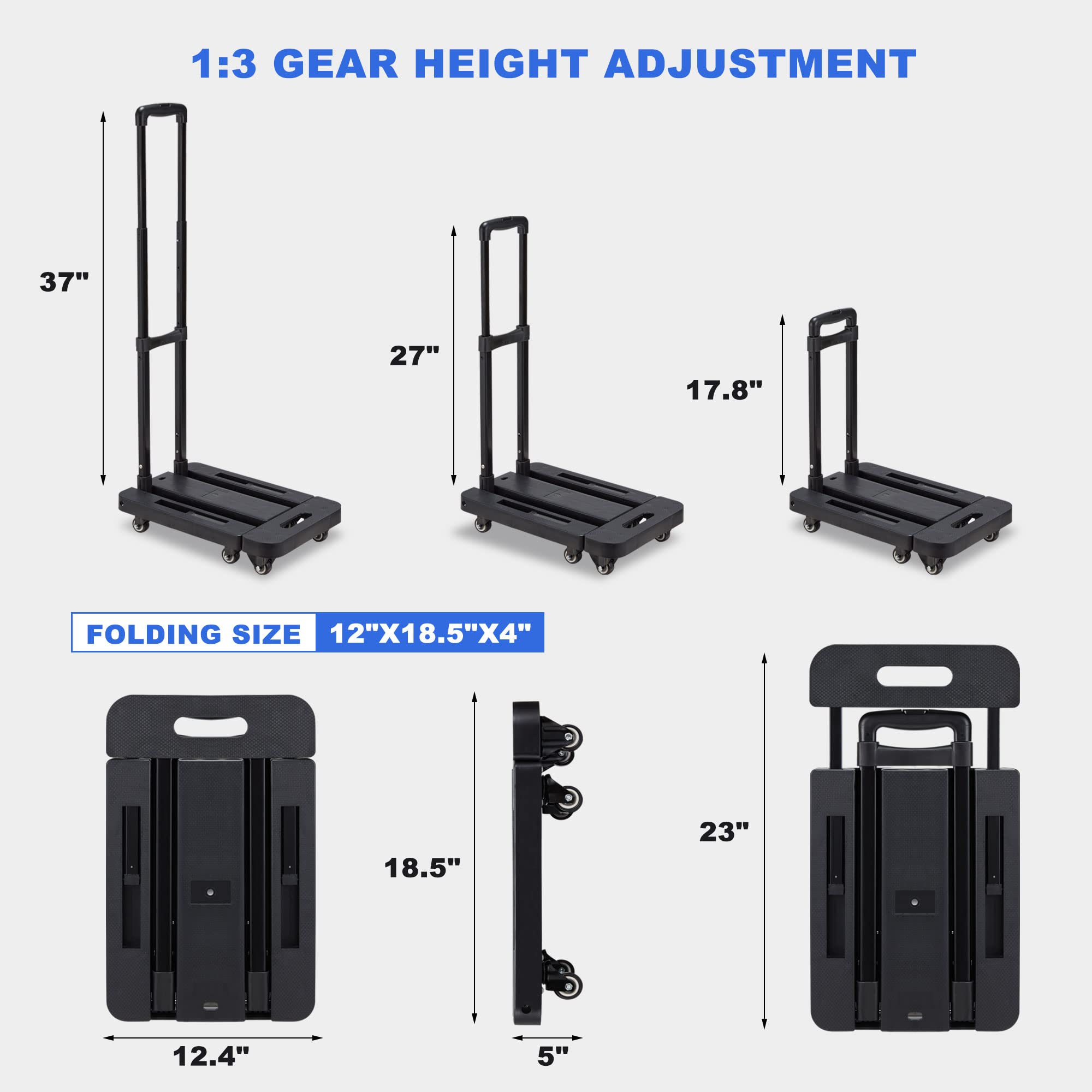 Outspurge Folding Hand Truck Dolly 600LB ,Portable Dolly for Heavy Duty Moving Luggage Carts with 6 Wheels Dolly with Handle 2 Elastic Rope for Travel, Moving, Shopping,Office Use