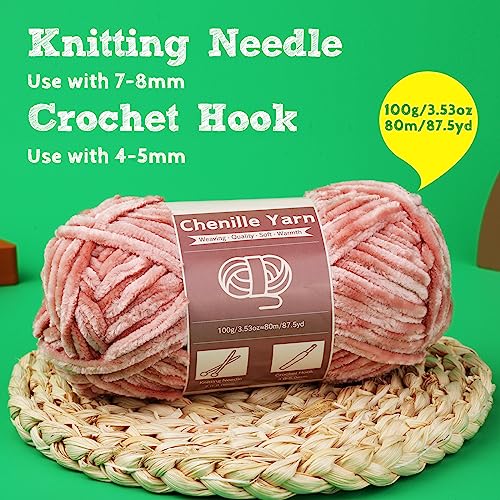 LUNARM 3 * 100g Chenille Yarn, Yarn for Crocheting Knitting with Big Eye Needles, Handcrafts Weaving Soft Chenille Yarn for Making Blankets, Clothes, Pattern Knitting Creations (Peach Pink)