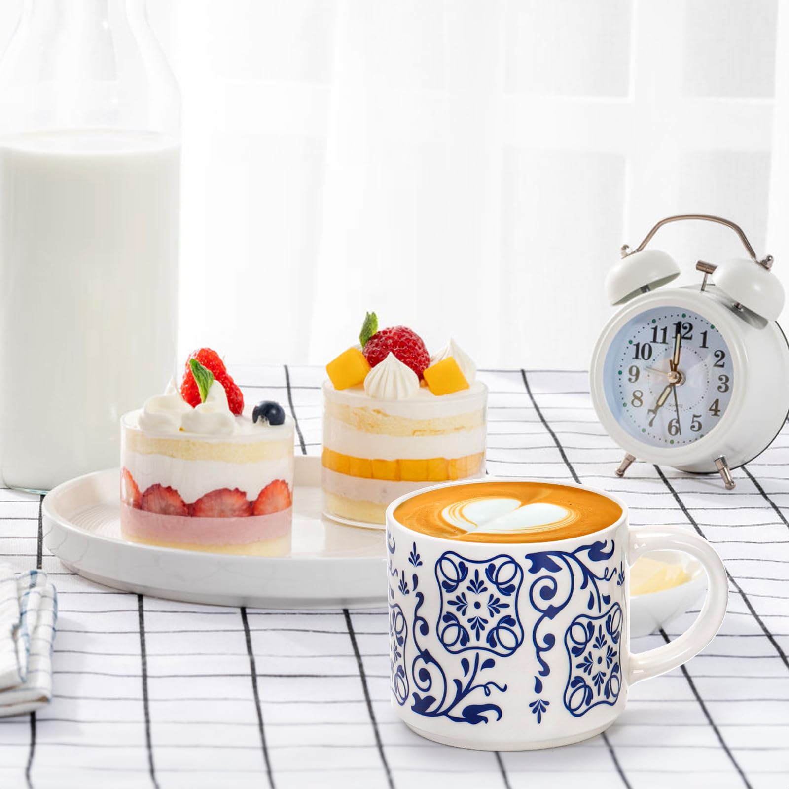Eorbow 4 Pack Ceramic Coffee Mug Set with Rack, 16 OZ Stackable Cappuccino Cups with Metal Stand, Blue and White Porcelain Tea Mugs for Latte, Americano, Milk, Hot Cocoa, Beverages, Microwave Safe
