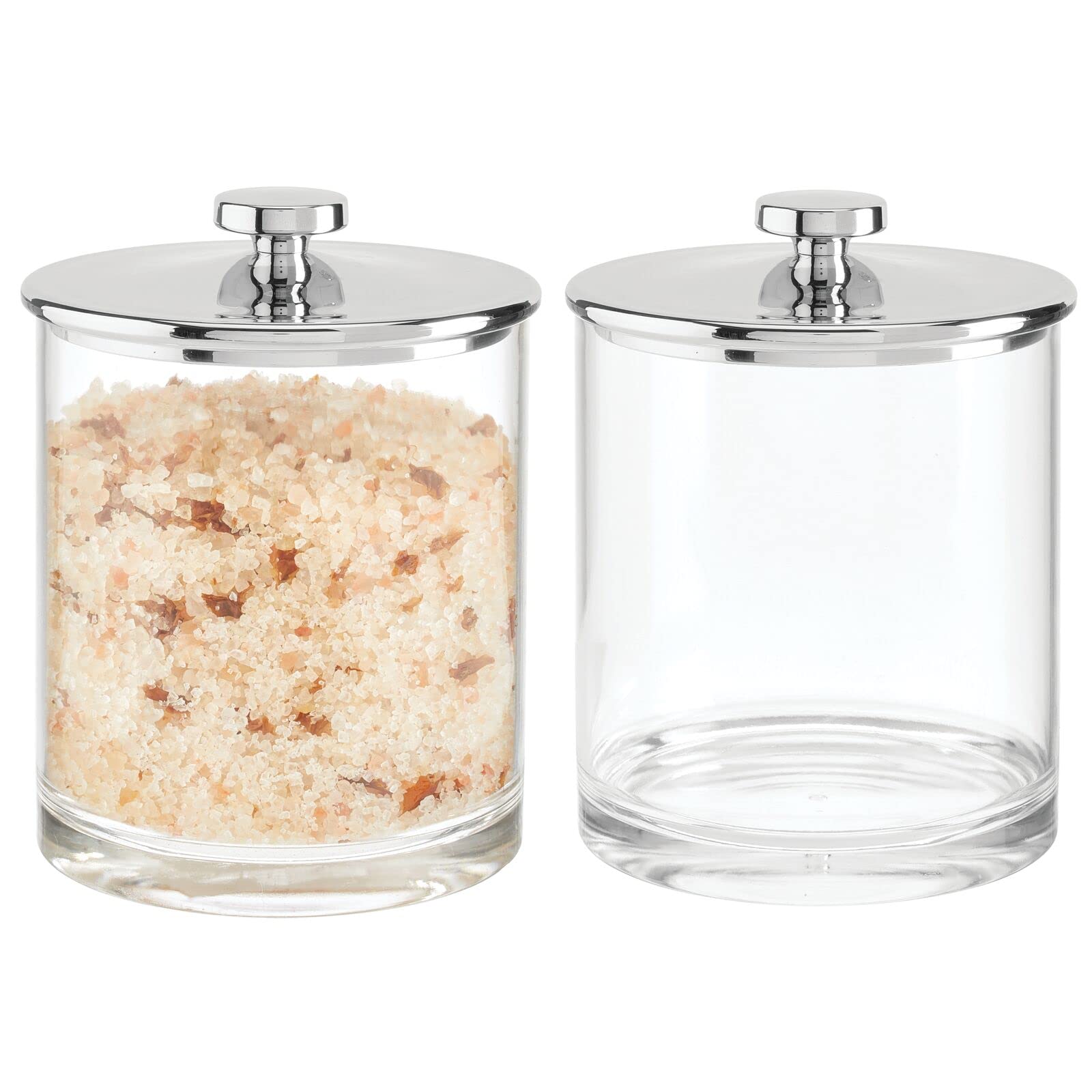 mDesign Medium Modern Apothecary Storage Organizer Canister Jars - Acrylic Containers for Bathroom, Organization Holder for Vanity, Counter, Makeup Table, Lumiere Collection, 2 Pack, Clear/Chrome