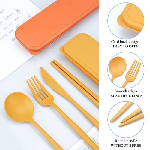 Reusable Travel Utensils with Case, 4 Sets Wheat Straw Portable Cutlery Set Chopsticks Knives Fork and Spoon Set for Lunch Box Accessories, Camping Utensil Set Flatware Sets for Daily Use or Outdoor