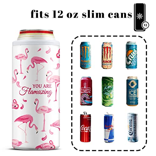 Slim Can Cooler Insulated Skinny Stainless Steel Doucle Freezable Can Cooler Sleeve Hard Seltzer 12 oz Slim Cans (Flamingo)