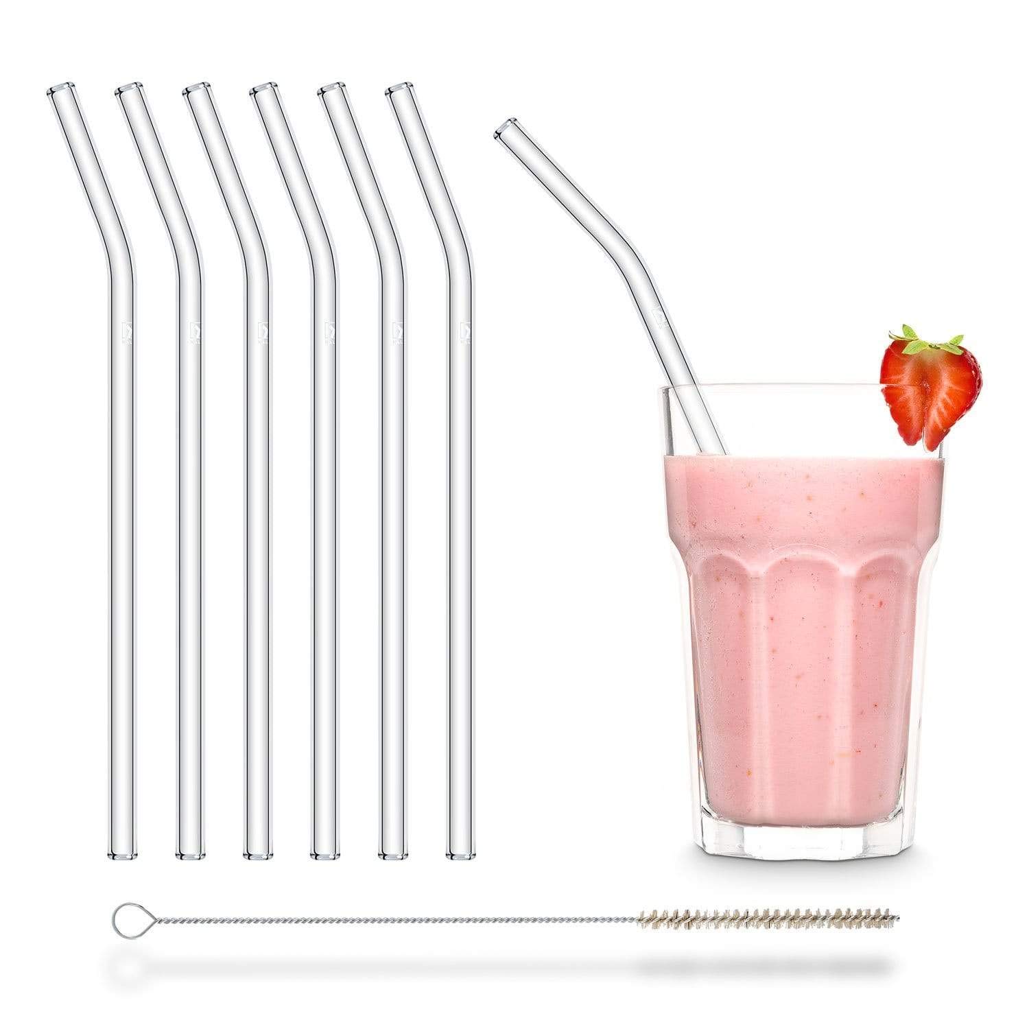 Halm Glass Straws - 6 Reusable 9 Inch Bent Drinking Straws + Plastic-Free Cleaning Brush - Dishwasher Safe - Eco-Friendly - Perfect for Smoothies, Cocktails, Boba - Made in Germany