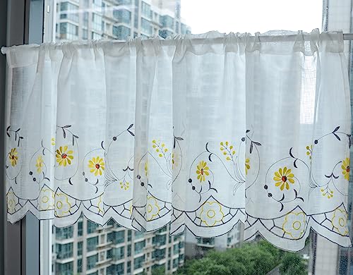 yurlisa Embroidery Pastoral Style Cafe Curtain Kitchen Curtain Floral Window Valance,18X60 inch, White 丨Yellow Leaves
