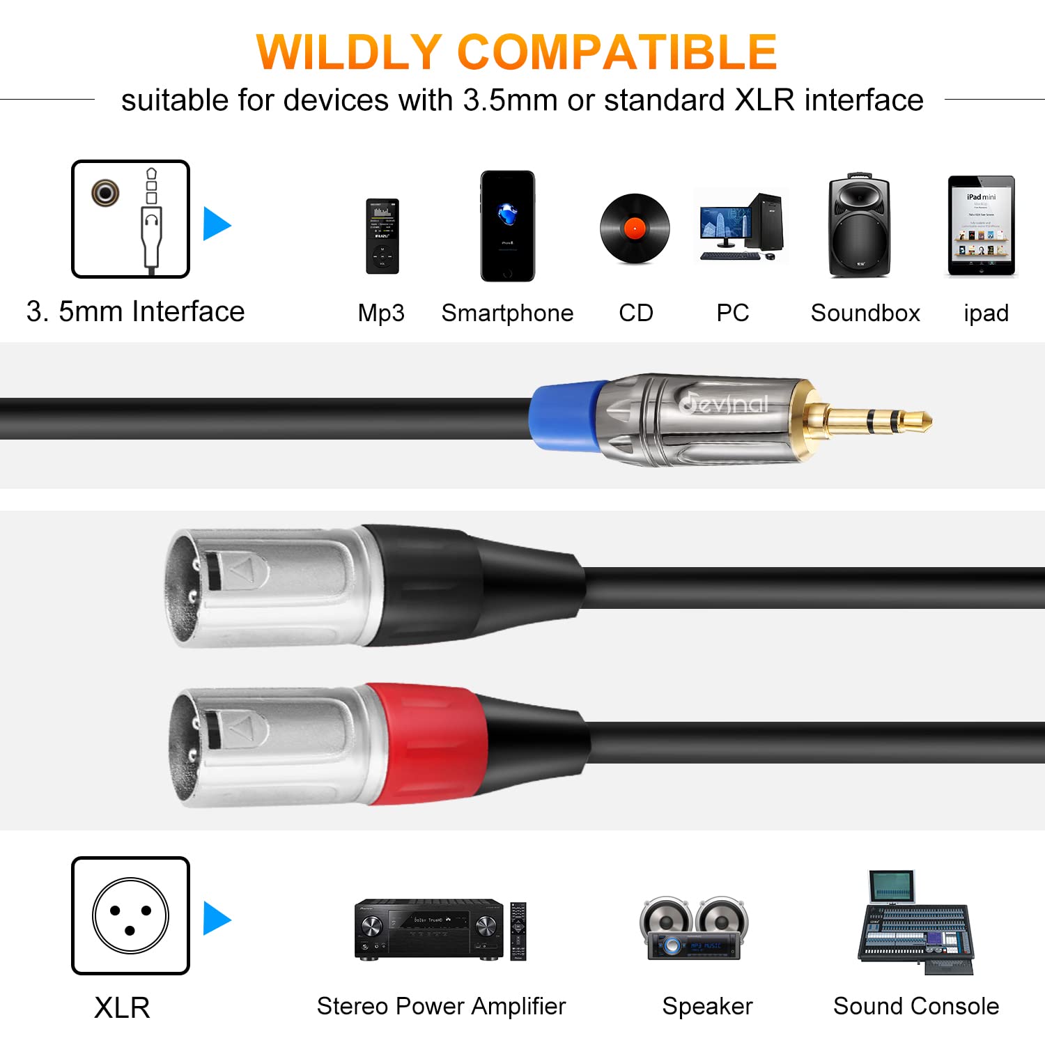 Devinal 3.5mm to 2 XLR Interconnect Cable 1/8 inch Mini Jack to Dual XLR Male Y Splitter Adapter Cord aux TRS to Two XLR Male Breakout Microphone Cable 10 FT, six feet Separation for Each XLR end
