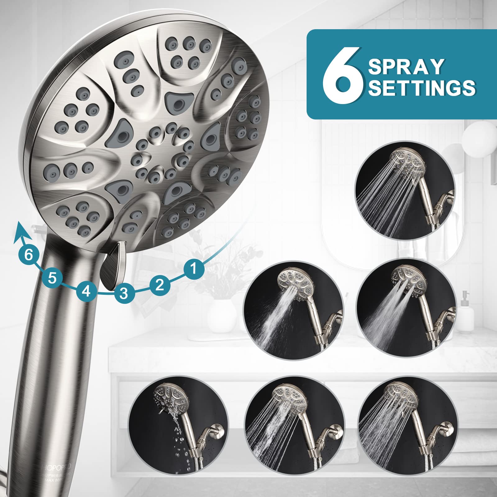 High Pressure Handheld Shower Head Brushed Nickel, 6 Spray Settings Shower Head with Handheld, 4.3 Inch High Flow Hand Held Rain Showerhead with Stainless Steel Hose, Adjustable Bracket
