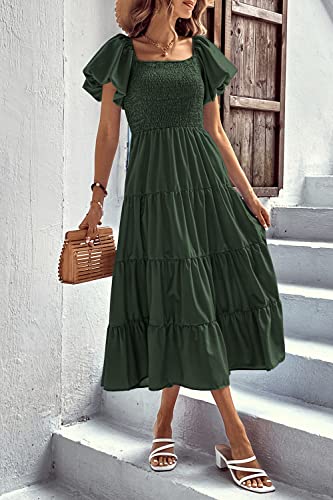PRETTYGARDEN Women's Casual Summer Midi Dress Puffy Short Sleeve Square Neck Smocked Tiered Ruffle Dresses (Army Green,Medium)