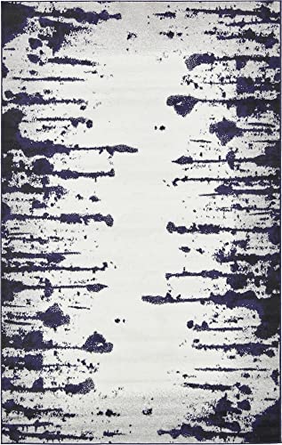 Unique Loom Metro Collection Modern Abstract Vintage Ink Blot Striped Area Rug, 5' 0" x 8' 0", Ivory/Navy Blue