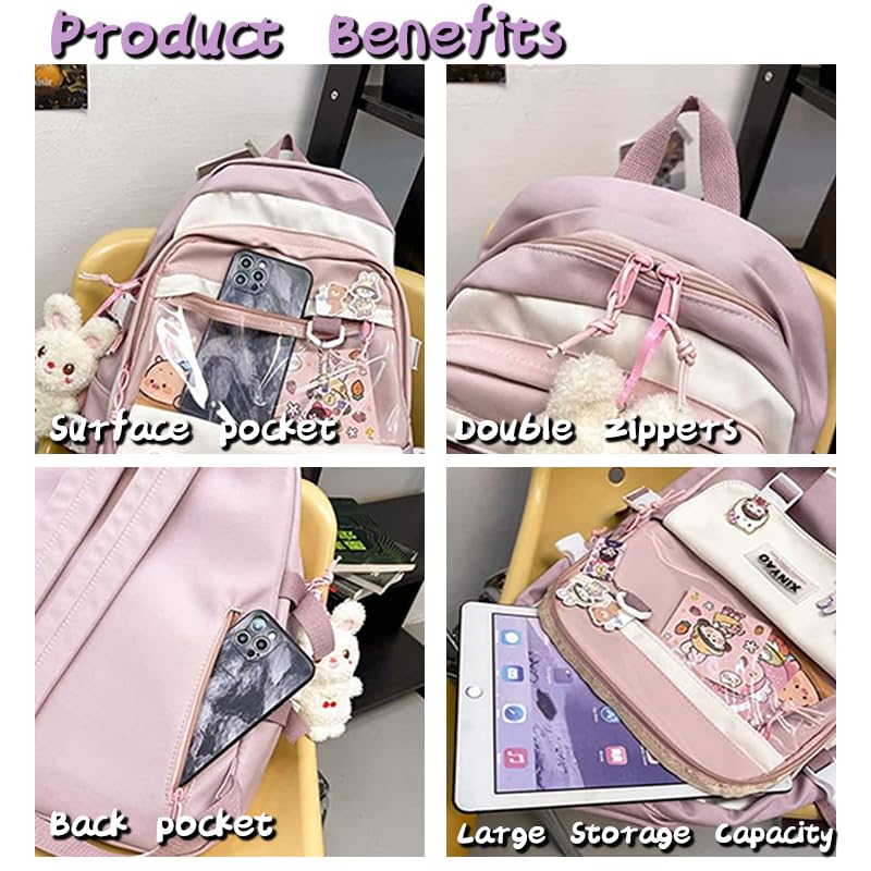 MocaDng Backpack for Girls, Kawaii Backpack Cute Aesthetic Backpack with Pin Accessories Plush Pendant, 17.7 Inch Backpack for School & Travel - Durable, Water Resistant (Purple)