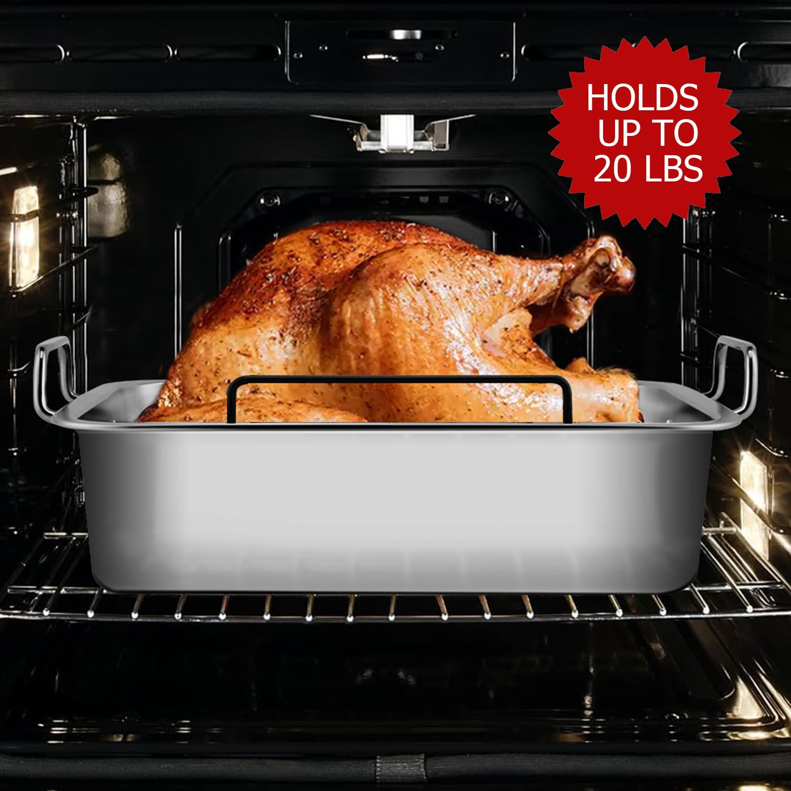 Hillbond Stainless Steel Roasting Pan with Rack 16 Inch Turkey Roaster Pan with U-Shaped Rack Flat Rack Turkey Lifting Forks for Turkey, Chicken, Vegetables Set of 5