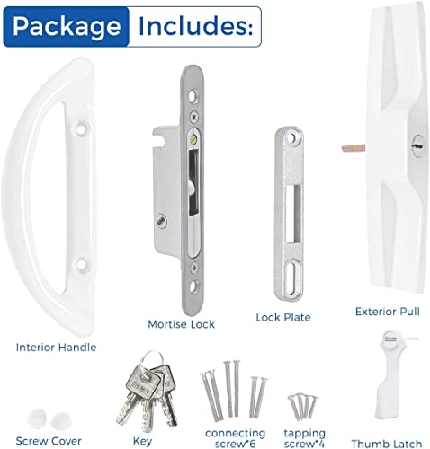 HOMOTEK 1 Pack Patio Door Handle Set, Replacement Sliding Door Handle with Key for Sliding Patio Door Thickness from 1-1/2" to 1-3/4", 3-15/16" Screw Hole Spacing, Mortise Lock, Reversible, White
