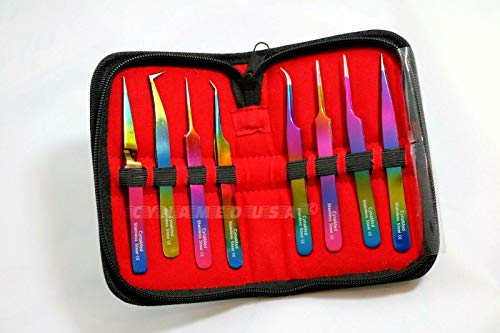 Cynamed-Set of 8 Piece German Stainless Steel Titanium Color Eyelash ExtensionTweezers