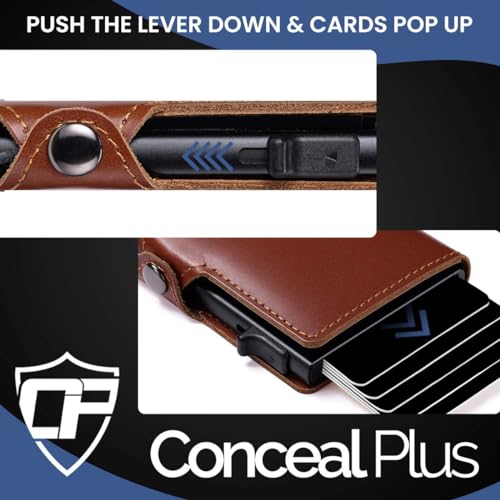 Conceal Plus Wallet for Men, Pop Up Wallet Credit Card Holder - RFID Blocking, Slim Minimalist Credit Card Case (Brown Genuine Leather)