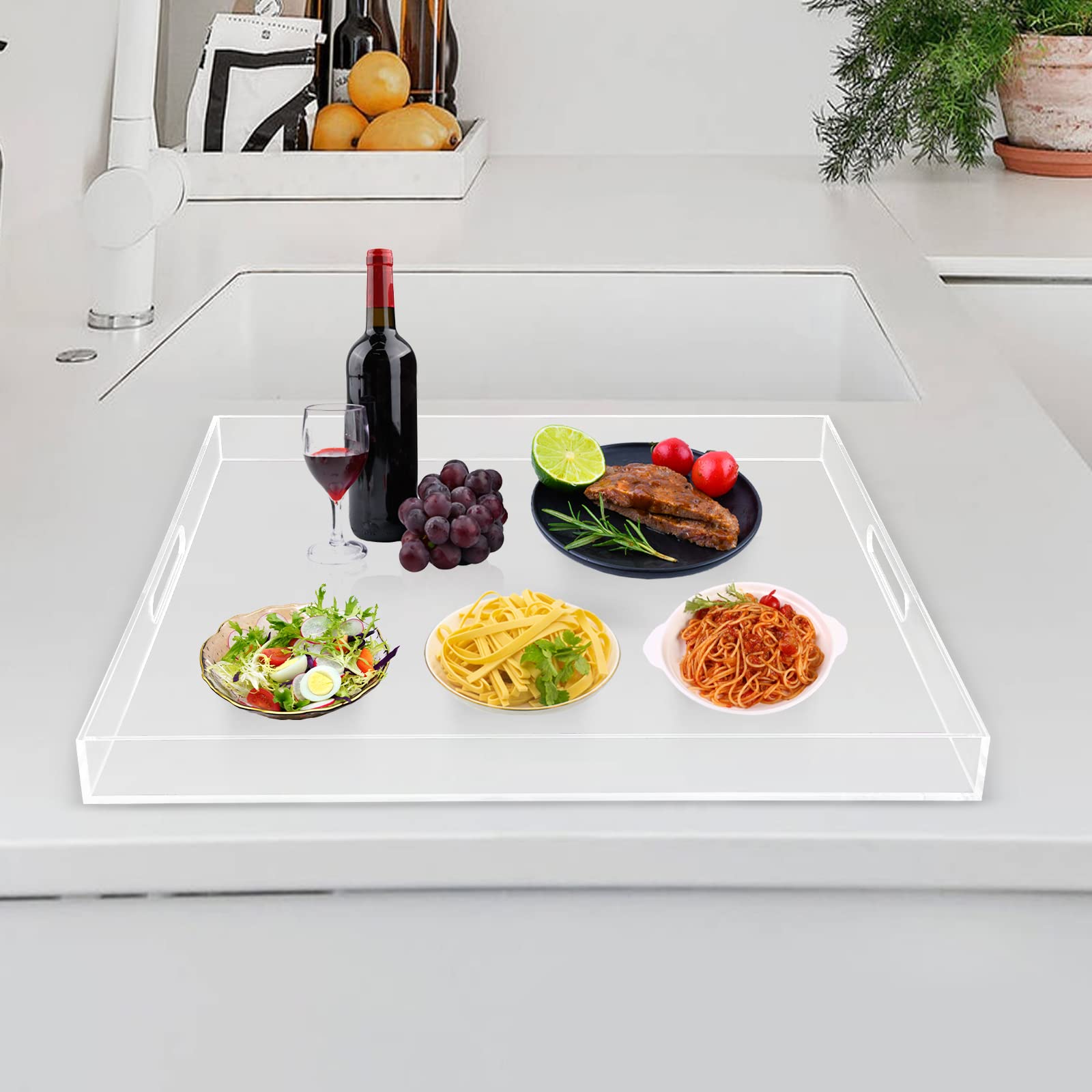 Clear Extra Large Acrylic Serving Tray, Oversize 24x24 Inch -Spill Proof- Decorative Trays Countertop Organiser, Acrylic Tray for Ottoman,Nightstand, Sidetable