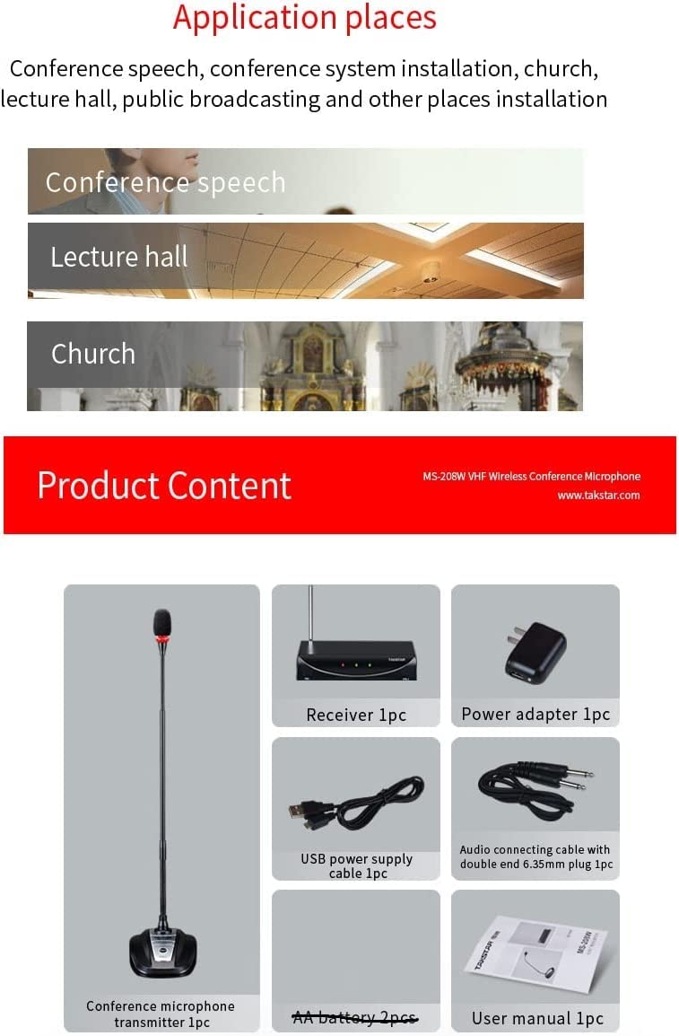 Takstar MS-208W VHF Wireless/Wired Professional Conference Microphone System, Gooseneck Table Desktop Cardioid Condenser Microphone for Meeting, Church, Live Presentation, Speech