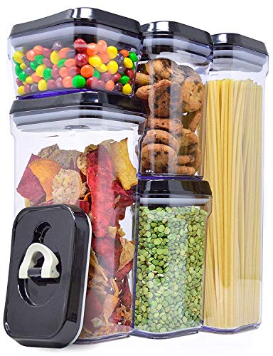 Zeppoli Air-Tight Food Storage Container Set | 5-Piece Set - Durable Plastic - BPA Free - Clear Plastic with Black Lids (2.0 qt/2.3 liters) (1.5 qt./1.7 liters) (0.9qt/1.0 liter) (0.35qt/ 0.38 liter)
