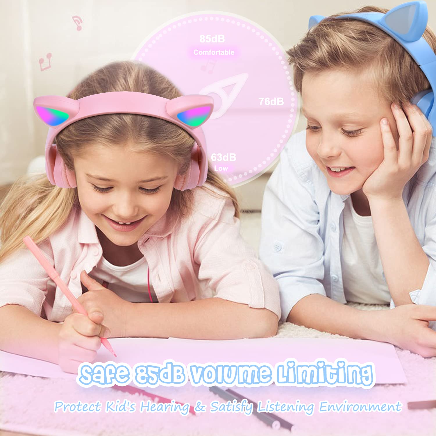 Wireless Cat Ear Headphone, Kids Headphones with Mic&LED Light Up Cat, 85dB Safe Volume Limited, Foldable Kitty Headpones for Online Learning, School, Travel, Tablet, Smartphone - Support 3.5mm Audio