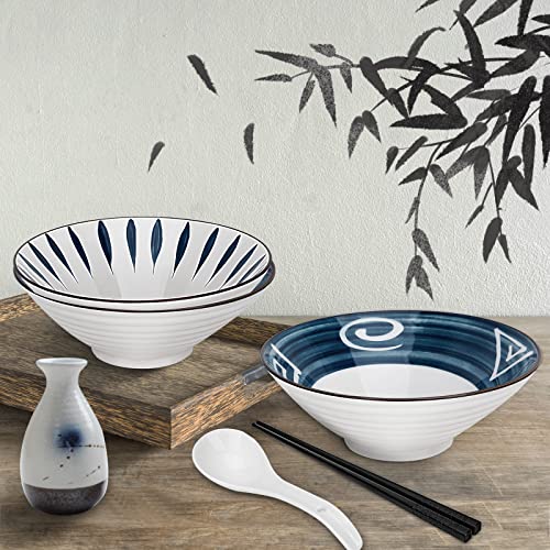 CYSNATU Japanese Ramen Bowl, Ceramic Ramen Bowls Set of 2, 34oz Large Ramen Bowl Noodle, Ramen Bowl with Chopsticks and Spoon(Blue and White)